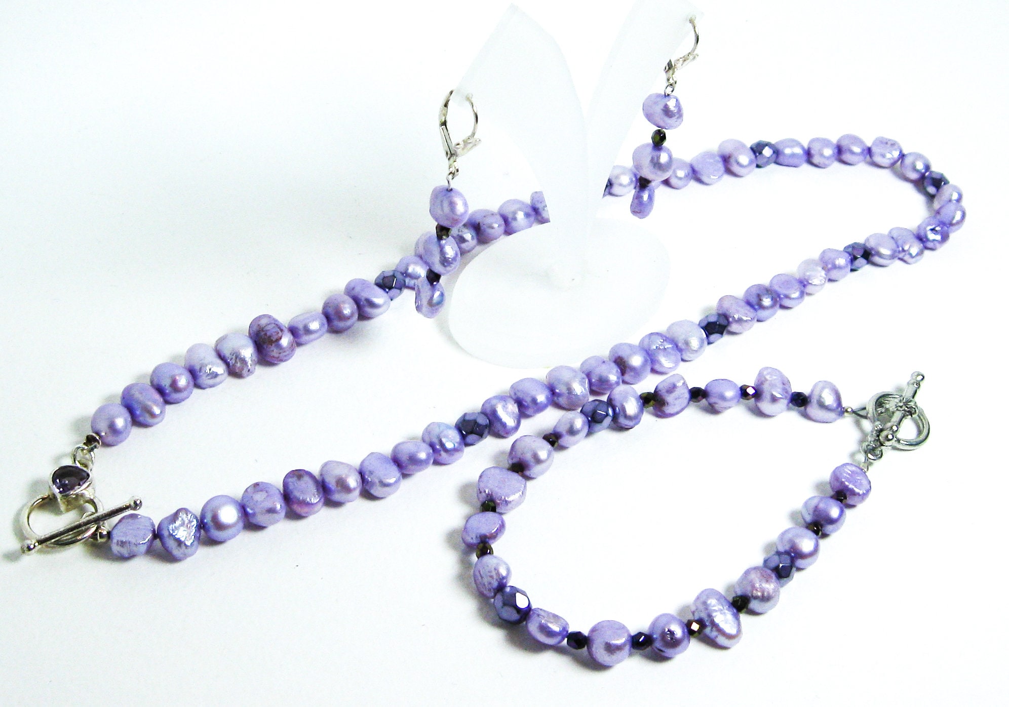 3-piece Lilac Pearl Handknotted Necklace, Bracelet, Earring Set ...