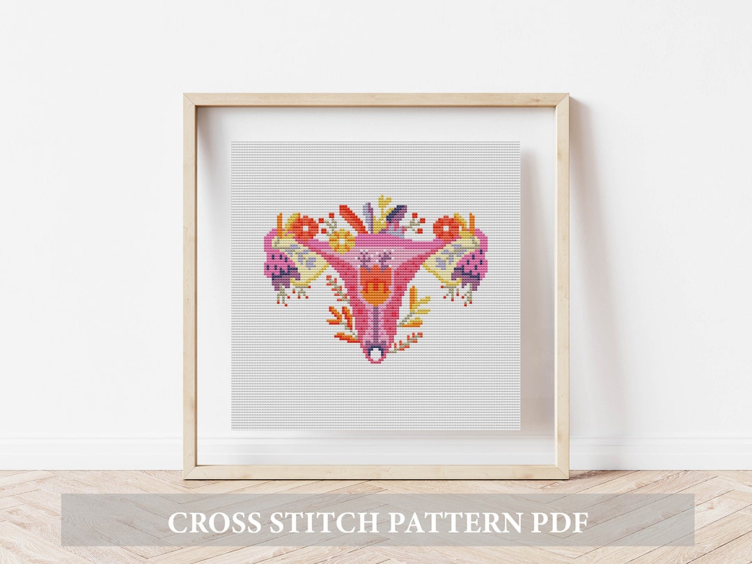 Uterus Cross Stitch, Uterus Pattern, Floral Uterus, Anatomical Cross ...