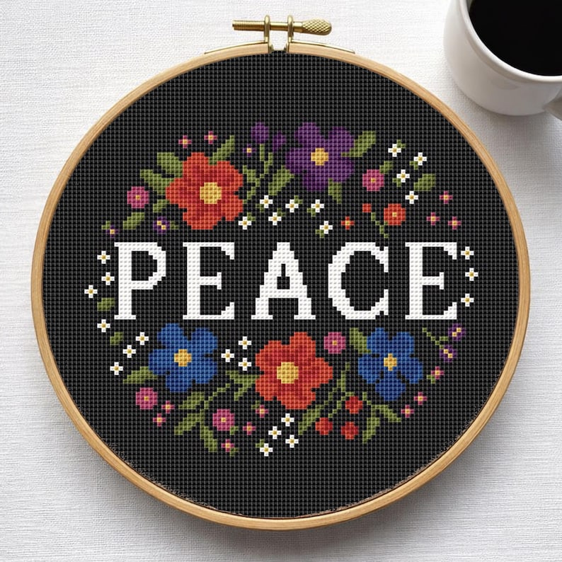 Peace Floral Quote Cross Stitch Pattern, Inspirational Quote ...