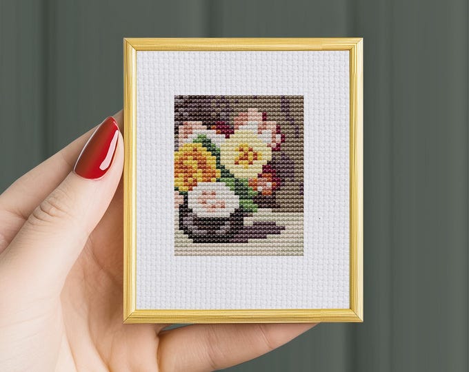 Mini Cross Stitch Pattern Modern Tiny Art - Bouquet of Roses by Renoir ...