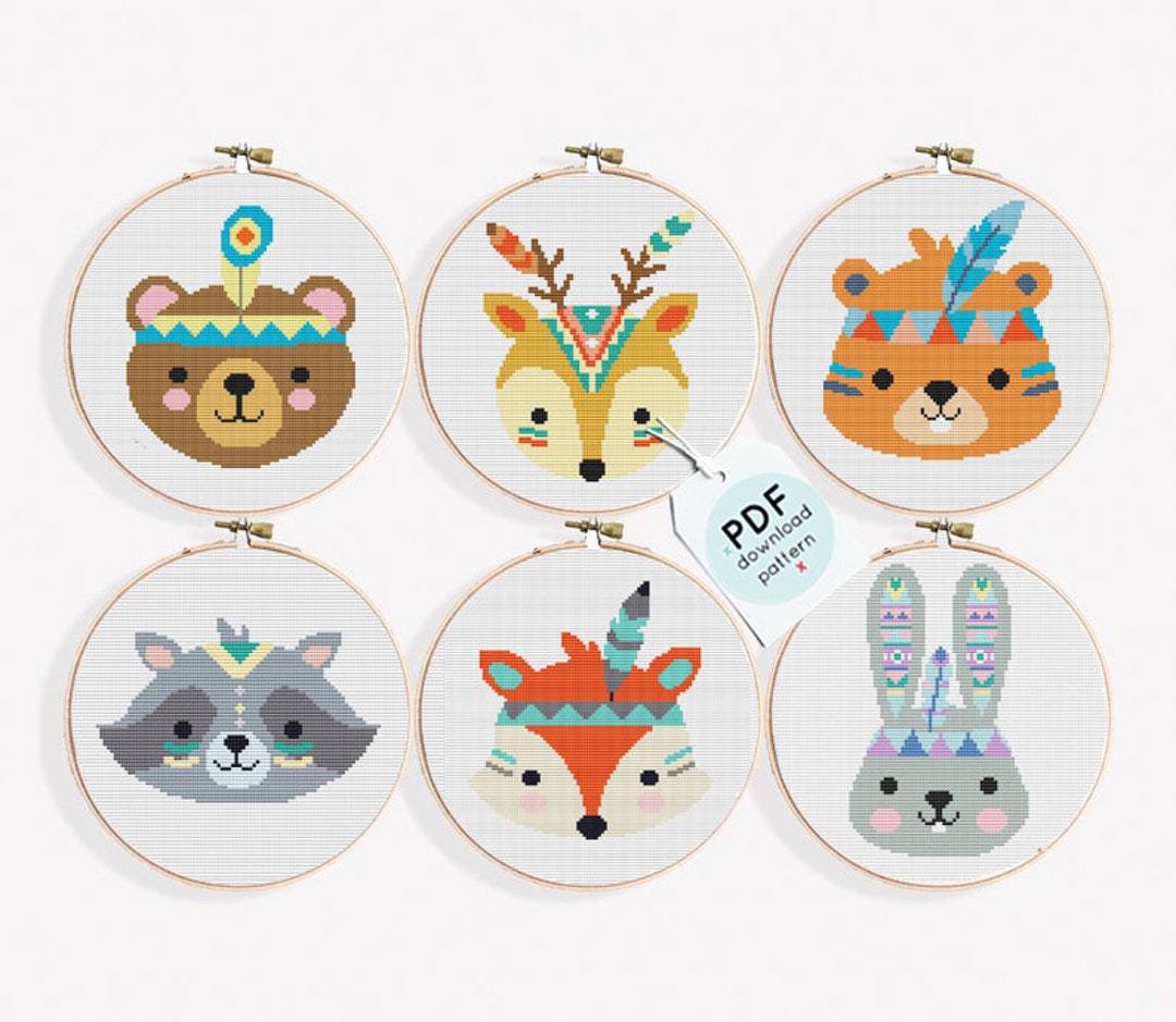 Set of 6 Cross Stitch Patterns, Animals Cross Stitch Pattern, Forest ...