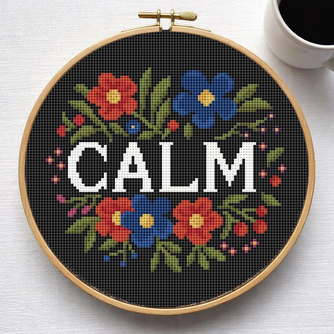 CALM Floral Cross Stitch Pattern, Inspirational Embroidery (PDF Pattern ...