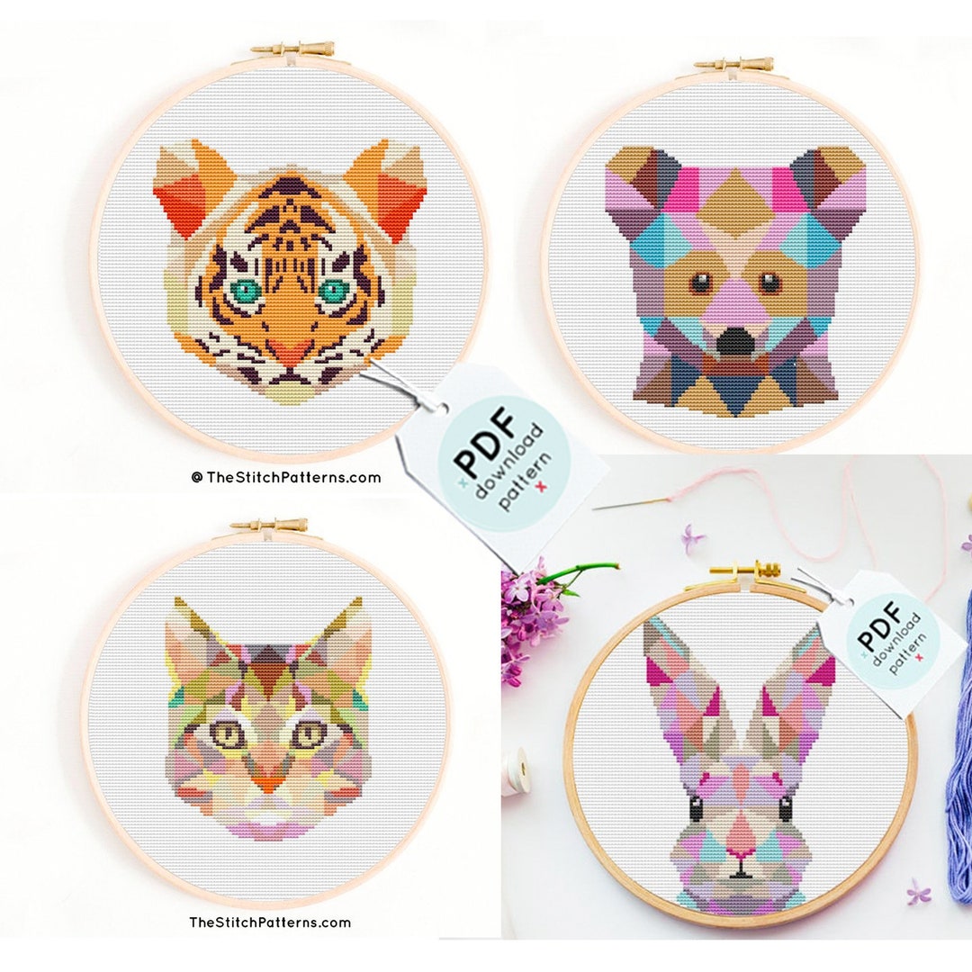 Geometric Animal Cross Stitch Patterns (tiger, Bear, Cat, Bunny) (PDF ...
