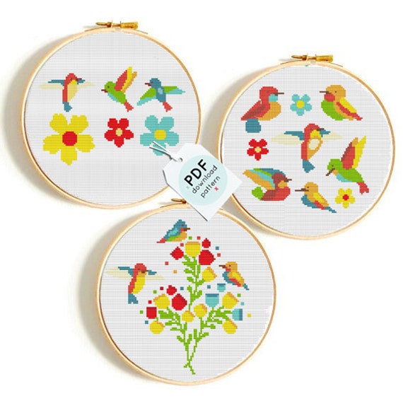 Floral Modern Cross Stitch Pattern flower birds counted cross | Etsy