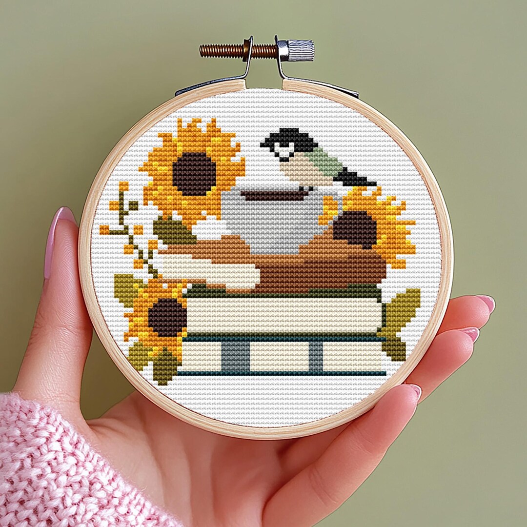 Bird With Books Cross Stitch Pattern: Cottagecore Sunflower Embroidery ...