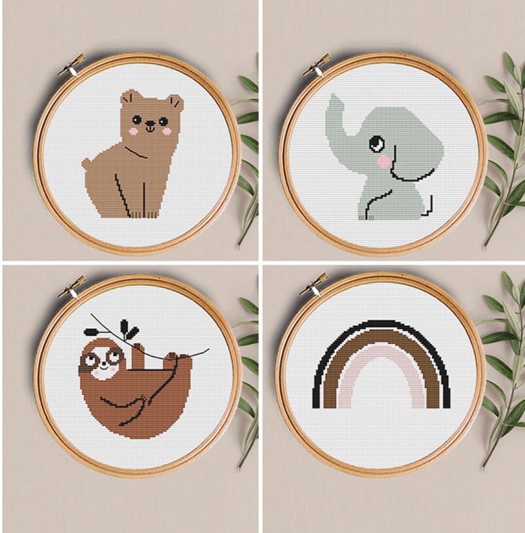 Set of 4 Patterns, Baby Animals Cross Stitch Patterns Baby Pdf, Bear ...