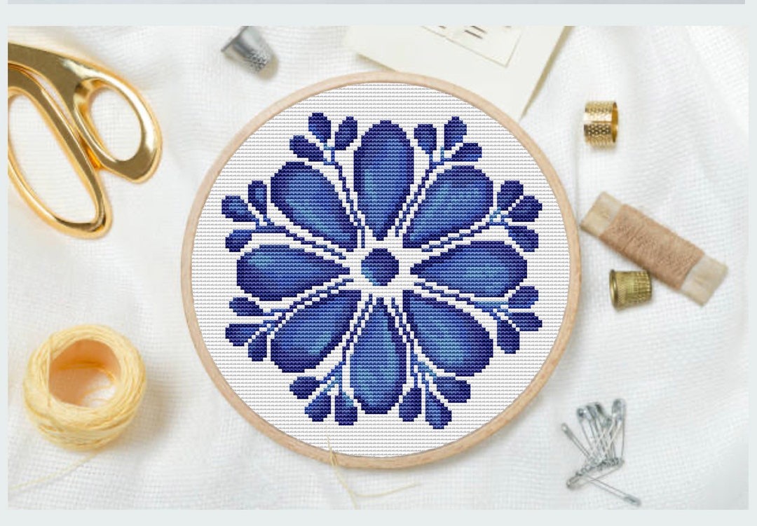 Flower Cross Stitch Pattern, Blue Flower Cross Stitch Pattern. Modern ...