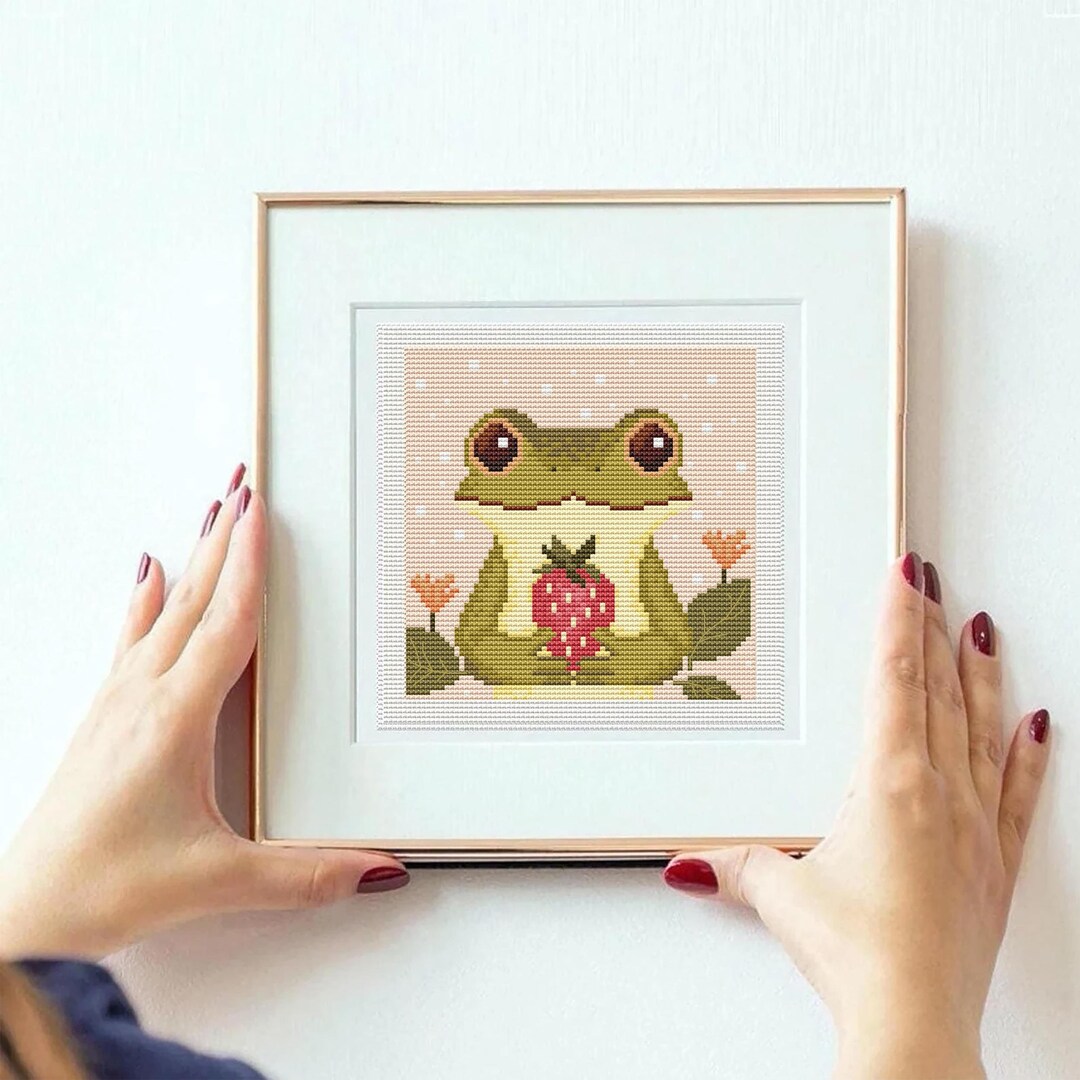 Mini Frog Cross Stitch Pattern, Strawberry Frog Stitch Decor, Cute Frog ...
