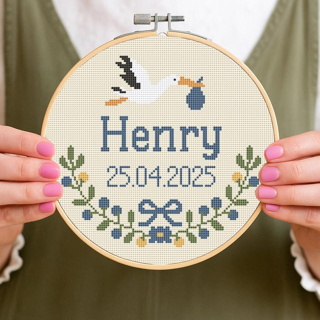 Custom Birth Announcement Cross Stitch Pattern: Stork & Florals (PDF ...