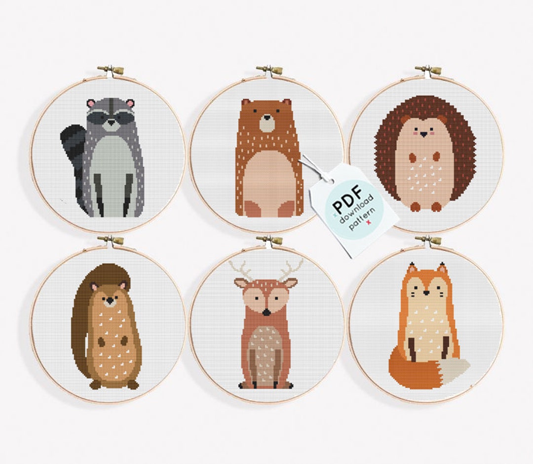 SET OF 6 Forest Animals Cross Stitch Printable Pdf Pattern Baby Shower ...