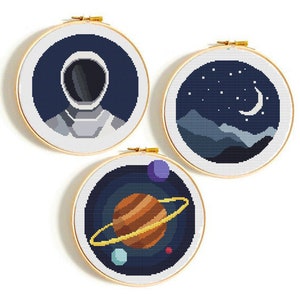 Set of 3 Space Theme Modern Cross Stitch Pattern, Planet Cross Stitch ...