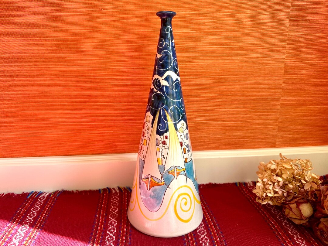 Whimsical Vietri Original Art Pottery Cone Vase Hand Painted Midcentury ...