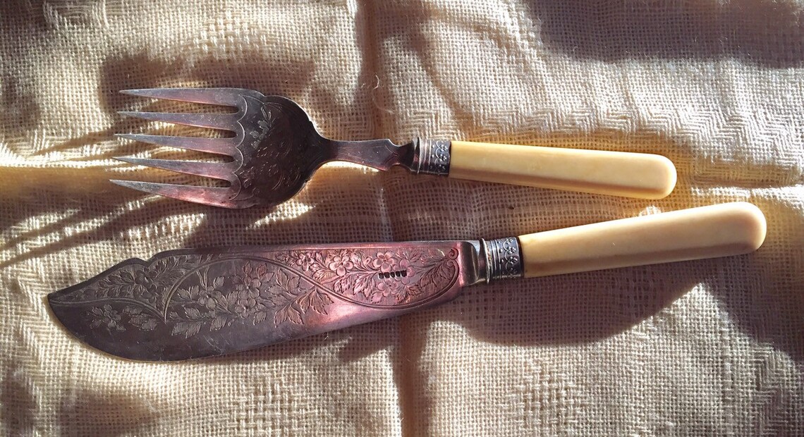 Antique English Fish Serving Fork and Knife Set Ornate Fish | Etsy