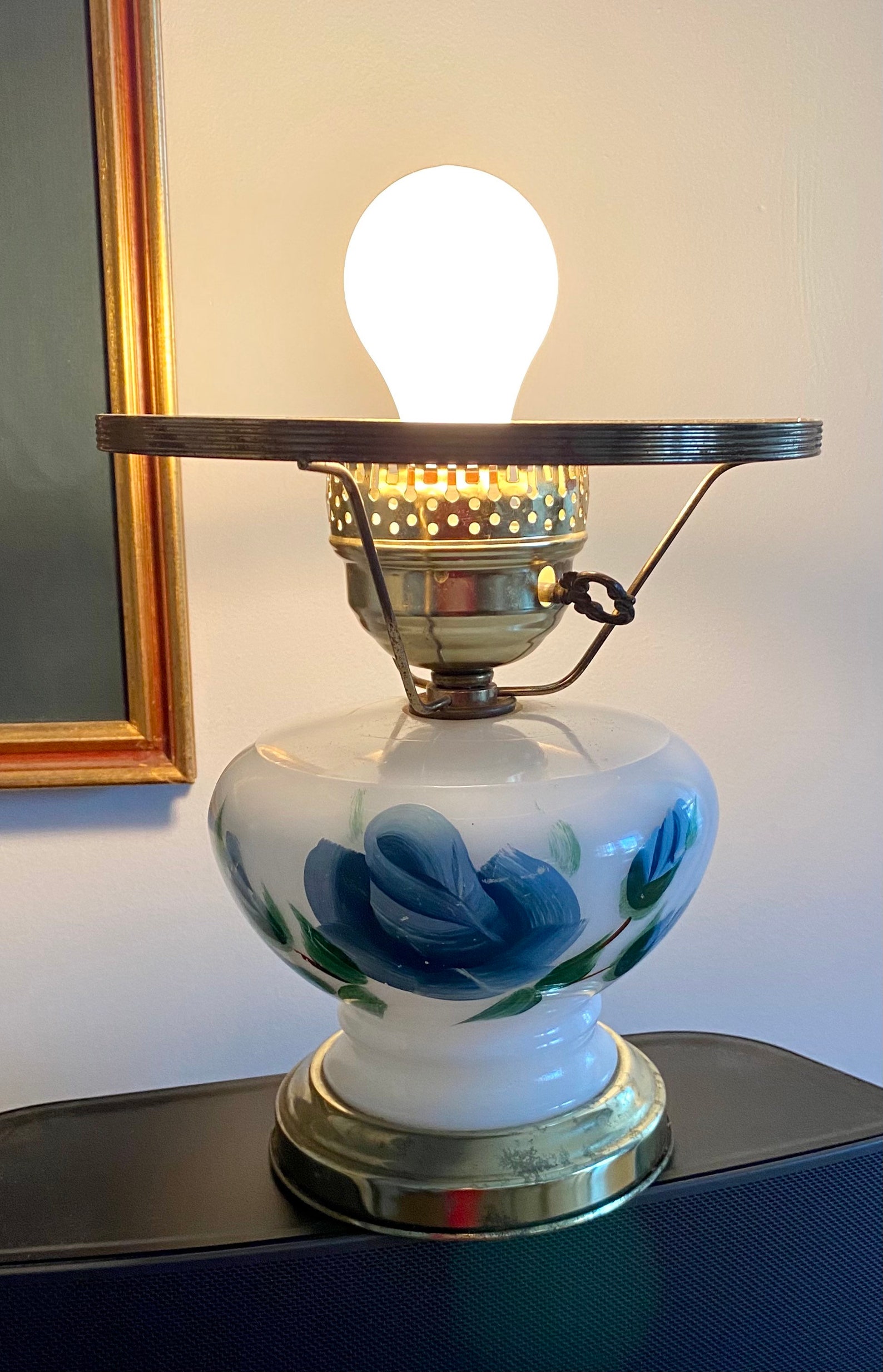 Vintage Floral Milk Glass Hurricane Lamp Base Working With - Etsy