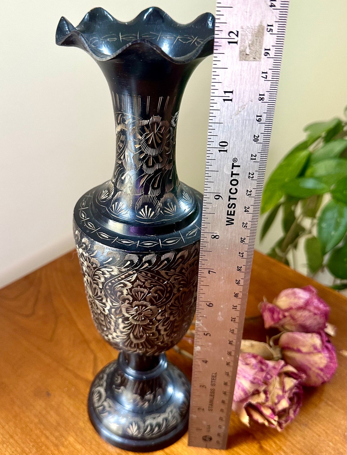 Vintage Etched Brass Vase Made in India, Engraved Solid Brass and Black ...