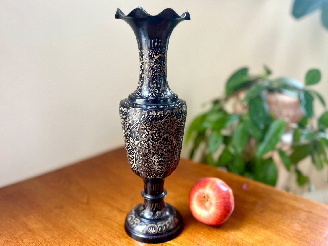 Vintage Etched Brass Vase Made in India, Engraved Solid Brass and Black ...