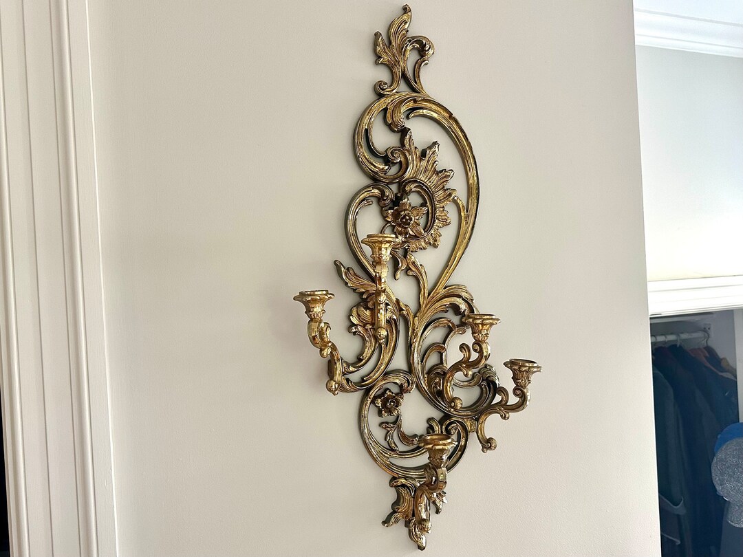 2 Vintage Large Syroco Gold Resin Wall Sconces Candle Holders for 5 ...