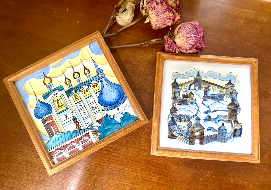 Russian Soviet Hand Painted Ceramic Tile Art Framed Wall Decor Wall ...