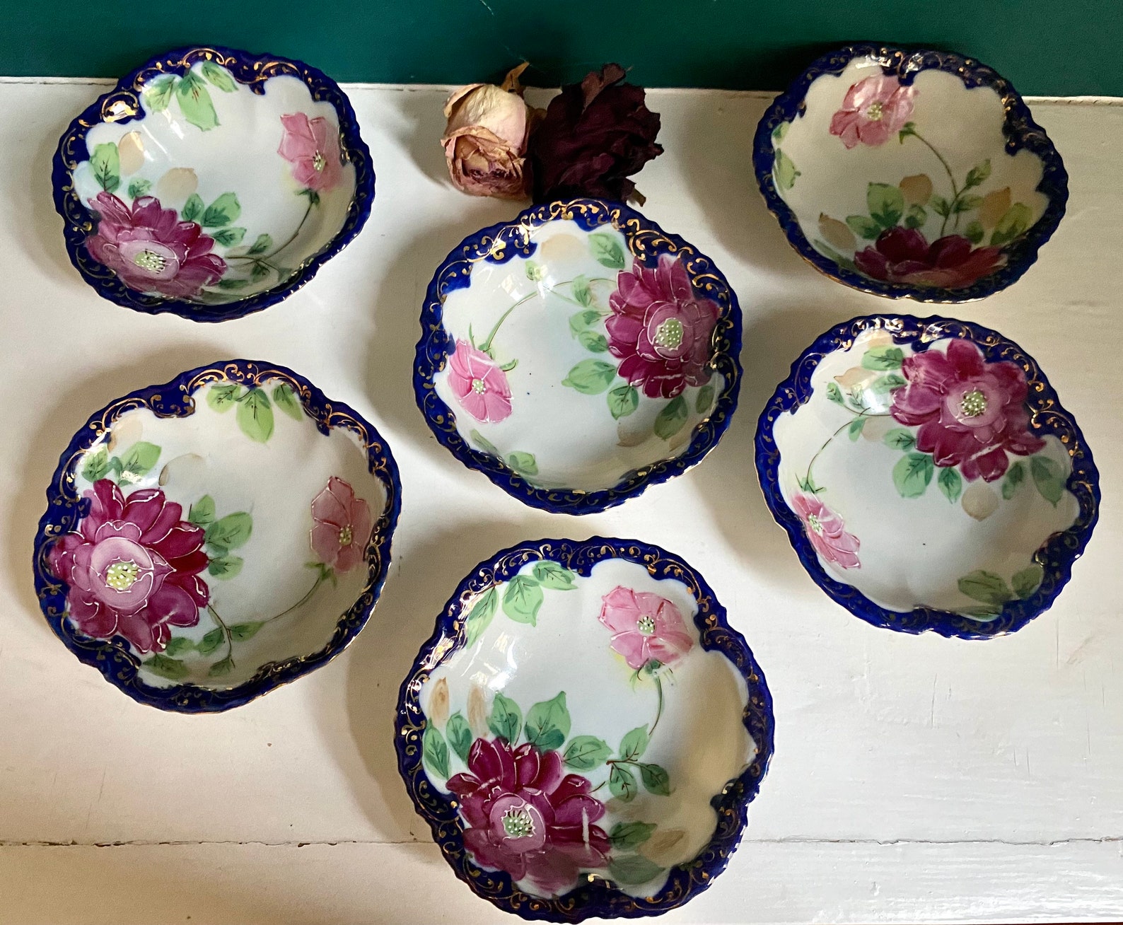 Antique Cobalt Blue Pink Roses Gold Accents Unmarked Royal Nippon Bowl ...