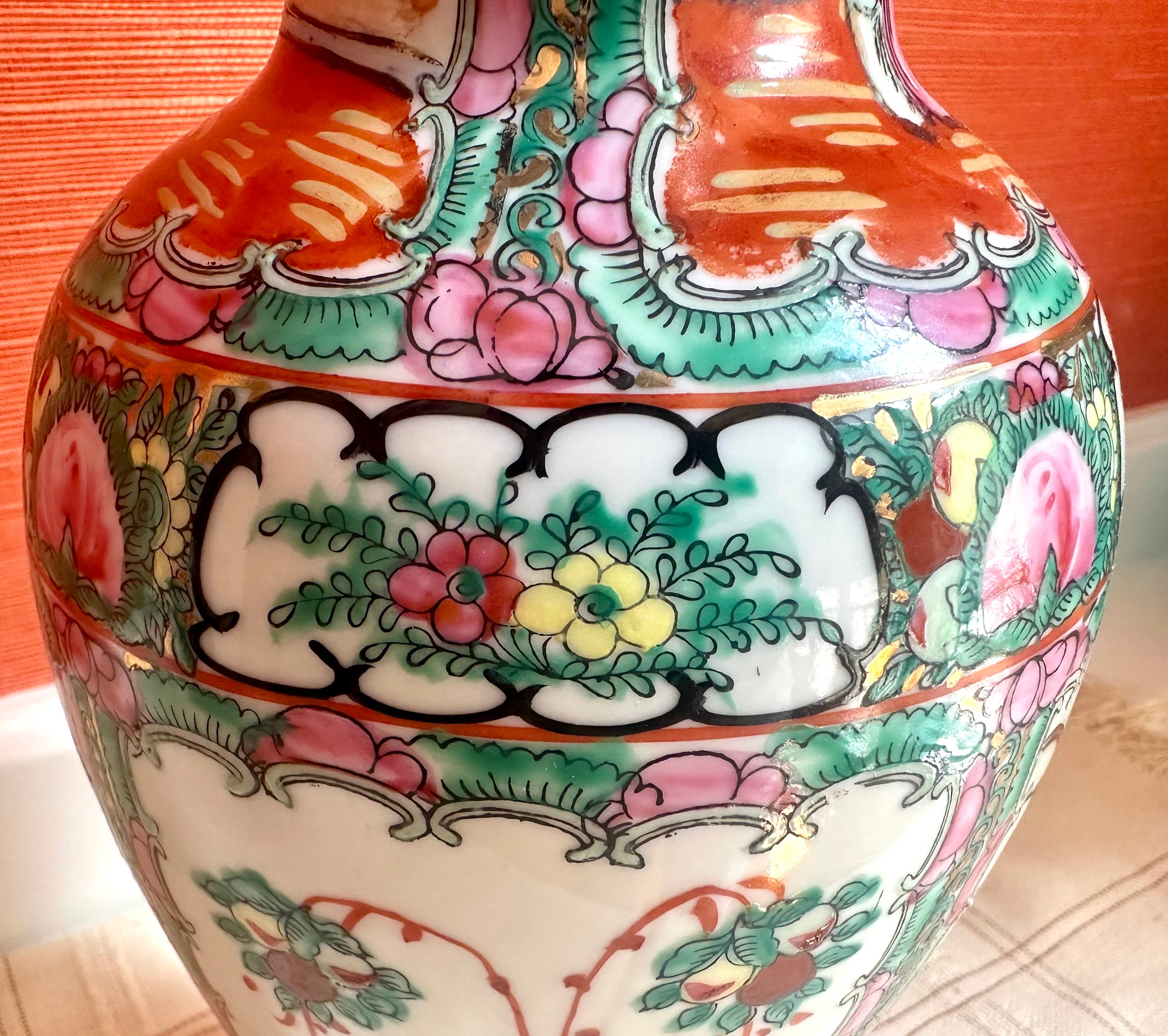 Vintage Large Asian Vase People Flowers in the Garden Gold Embellished ...