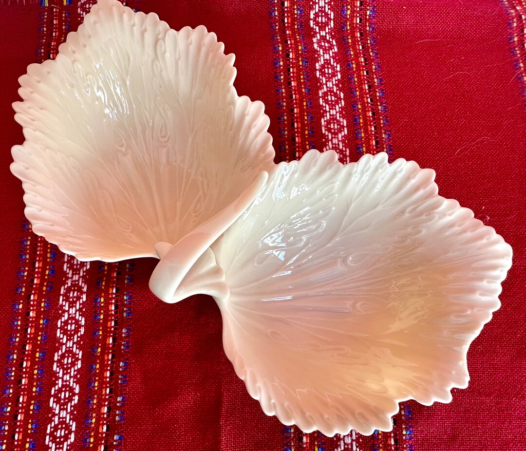 Lenox USA Double Leaf Handled Porcelain Candy Nut Dish Ivory Bowl ...