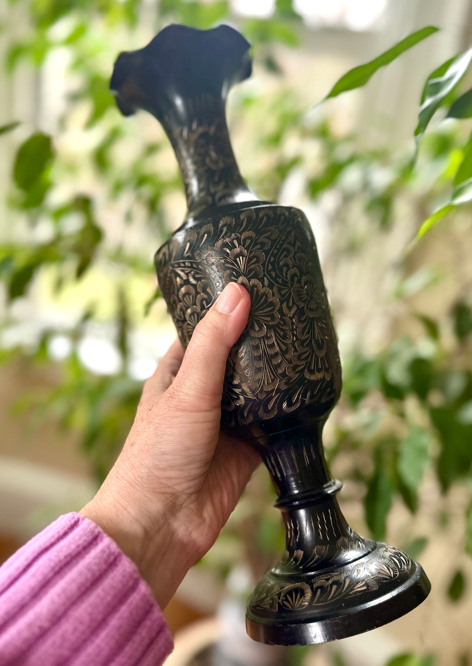 Vintage Etched Brass Vase Made in India, Engraved Solid Brass and Black ...