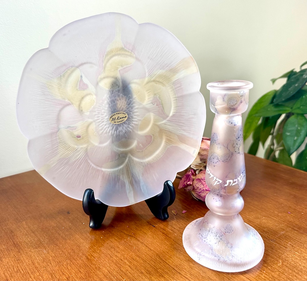 Vintage Al-rama Hand Painted Glass Jerusalem Glass Shabbat Set Plate ...