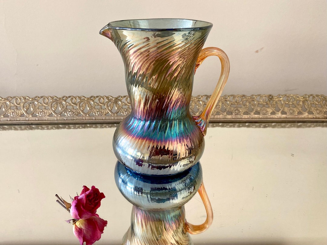 Pilgrim Blue Marigold Iridescent Carnival Glass Pitcher Bud Vase 5 1/2 ...