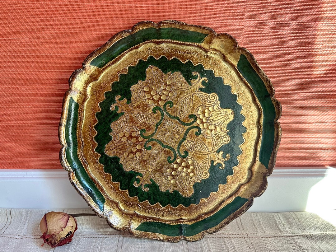 Vintage Italian Florentine Tray Decorative Gold Gild and Emerald Green ...