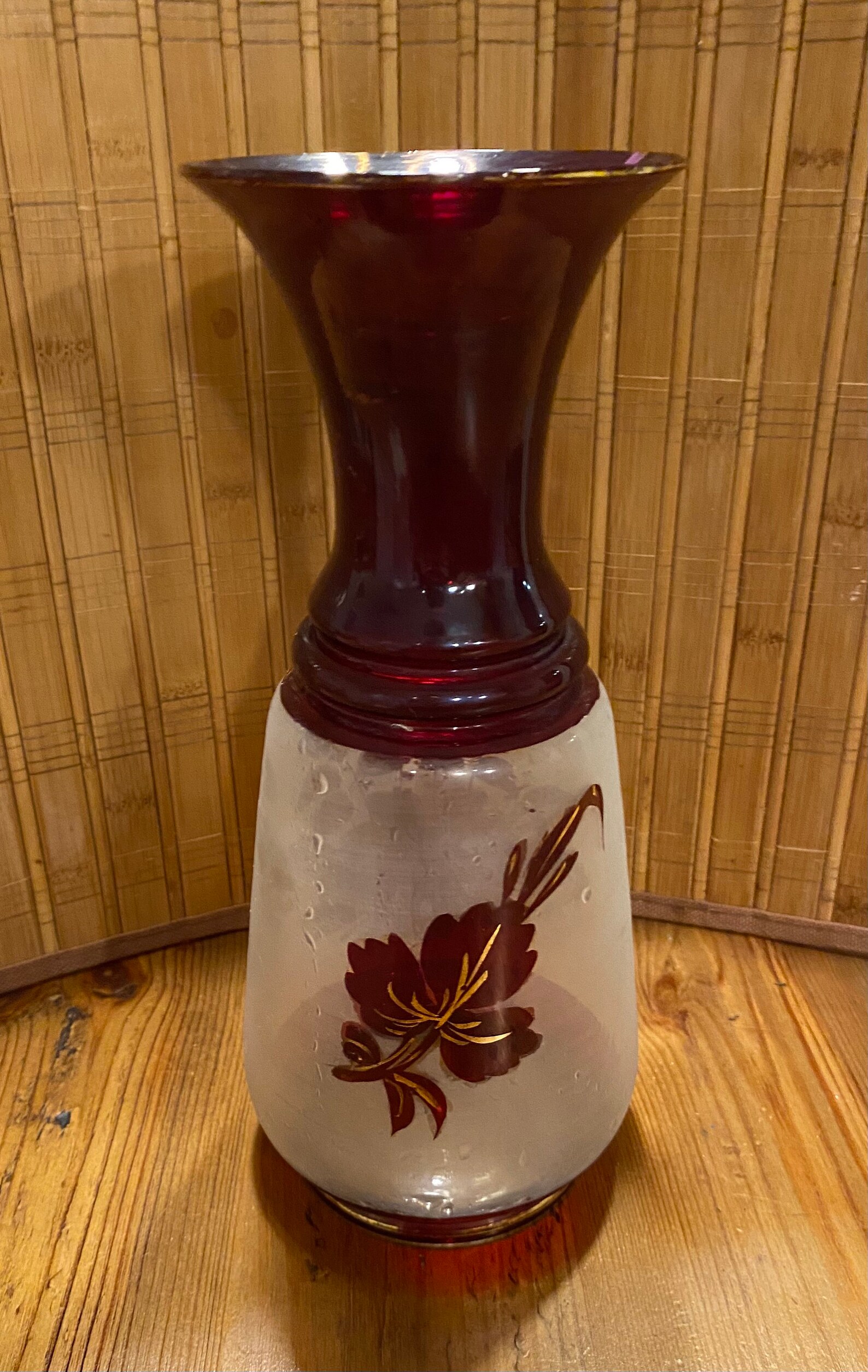 Antique Bohemian Ruby Red Glass Vase With Gold Details Collectible Hand ...