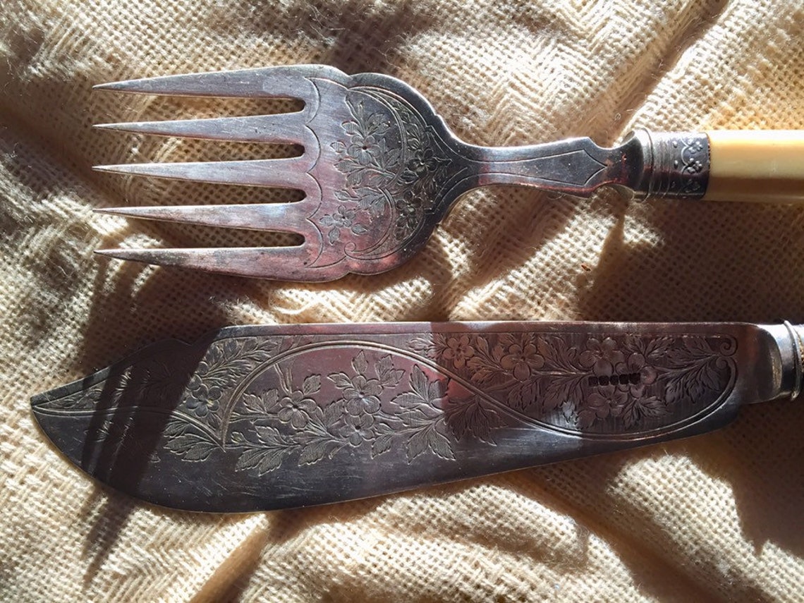 Antique English Fish Serving Fork and Knife Set Ornate Fish | Etsy