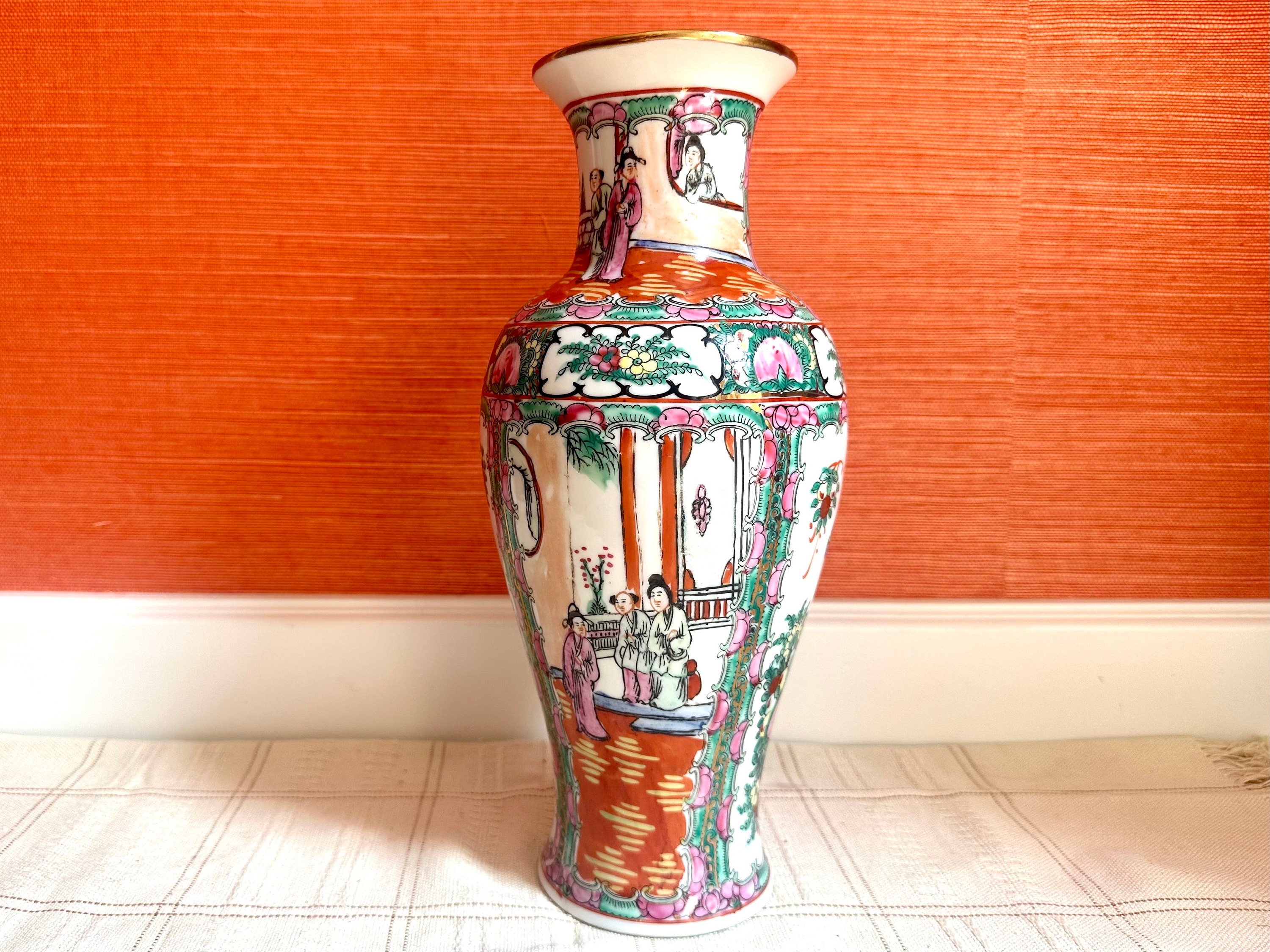 Vintage Large Asian Vase People Flowers in the Garden Gold Embellished ...
