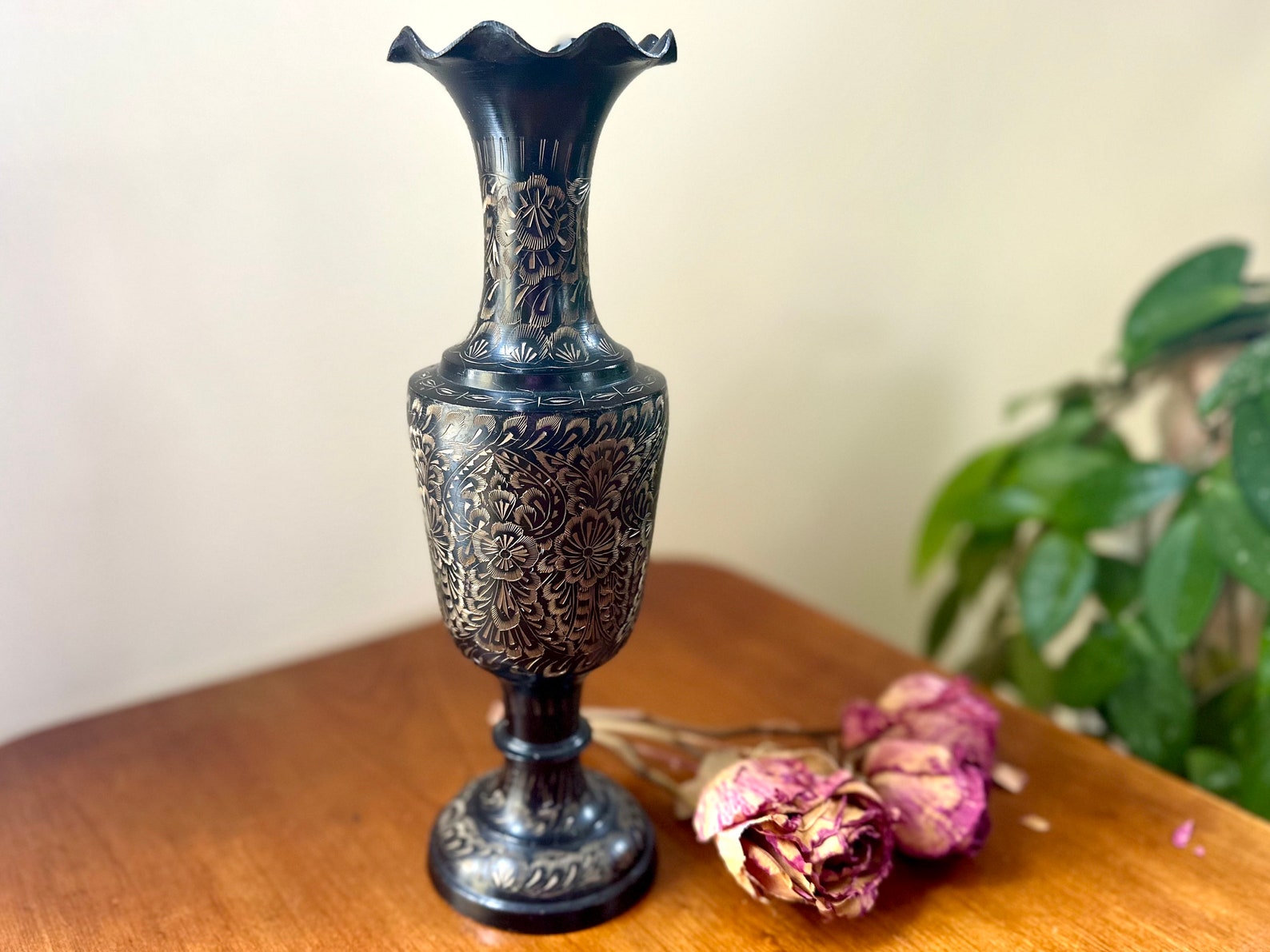 Vintage Etched Brass Vase Made in India, Engraved Solid Brass and Black ...