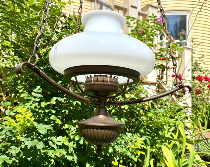 Early American Ceiling Light Fixture Pendant Brass and Milk Glass ...