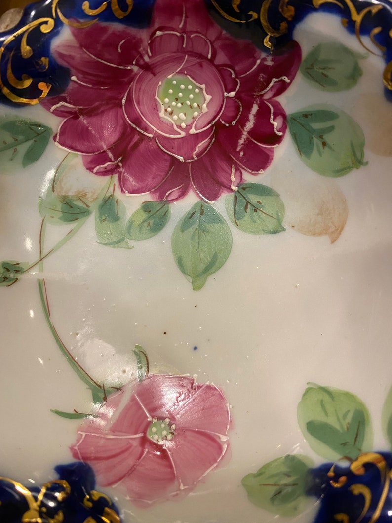 Antique Cobalt Blue Pink Roses Gold Accents Unmarked Royal - Etsy