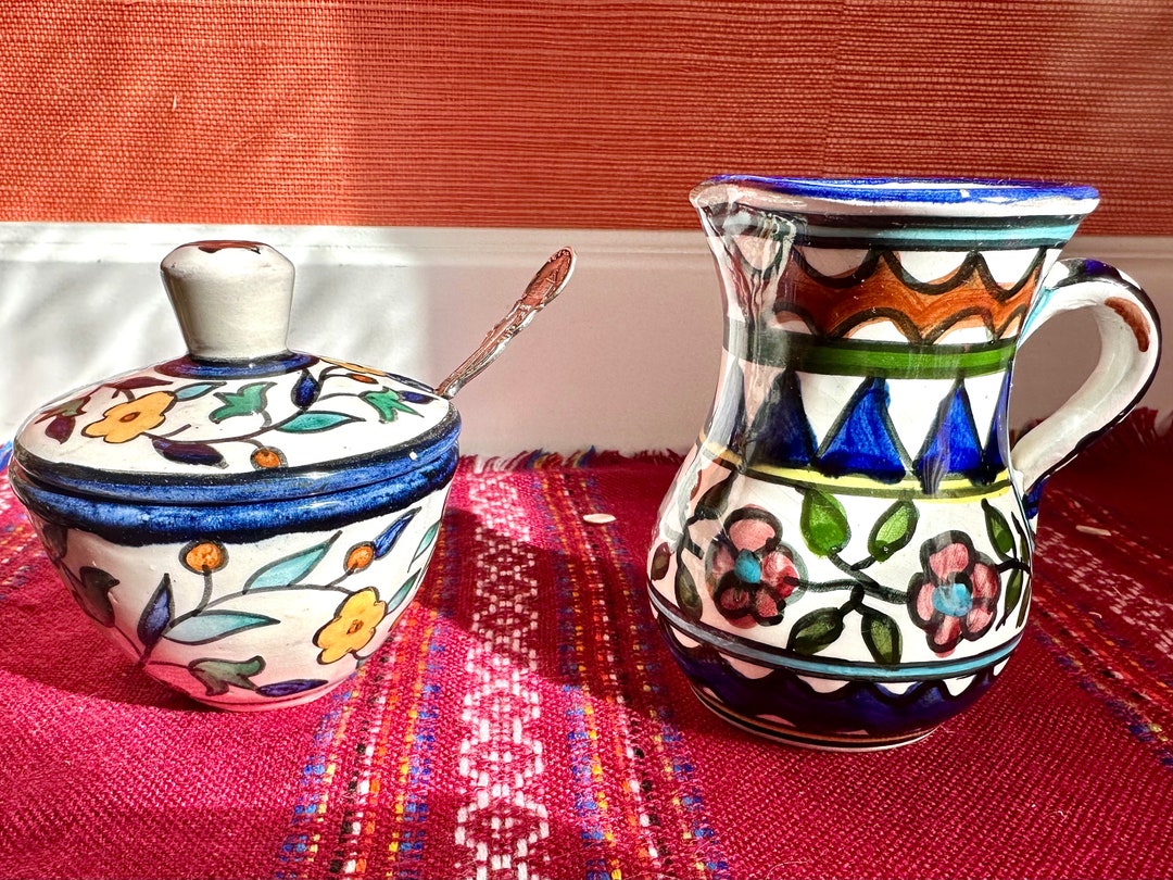 Handpainted Lidded Sugar Bowl and Creamer Set Vintage Israel Armenian ...