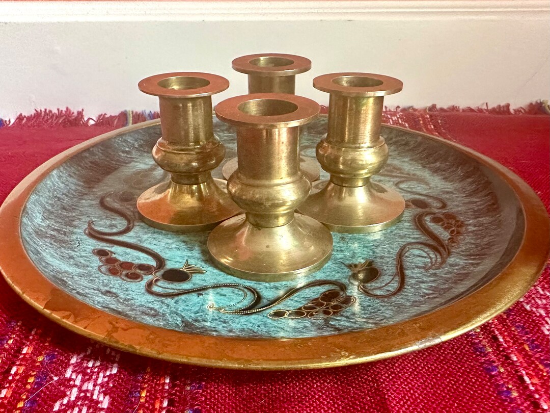 Vintage Shabbat Set 4 Solid Brass Candlesticks Candle Holders With A ...