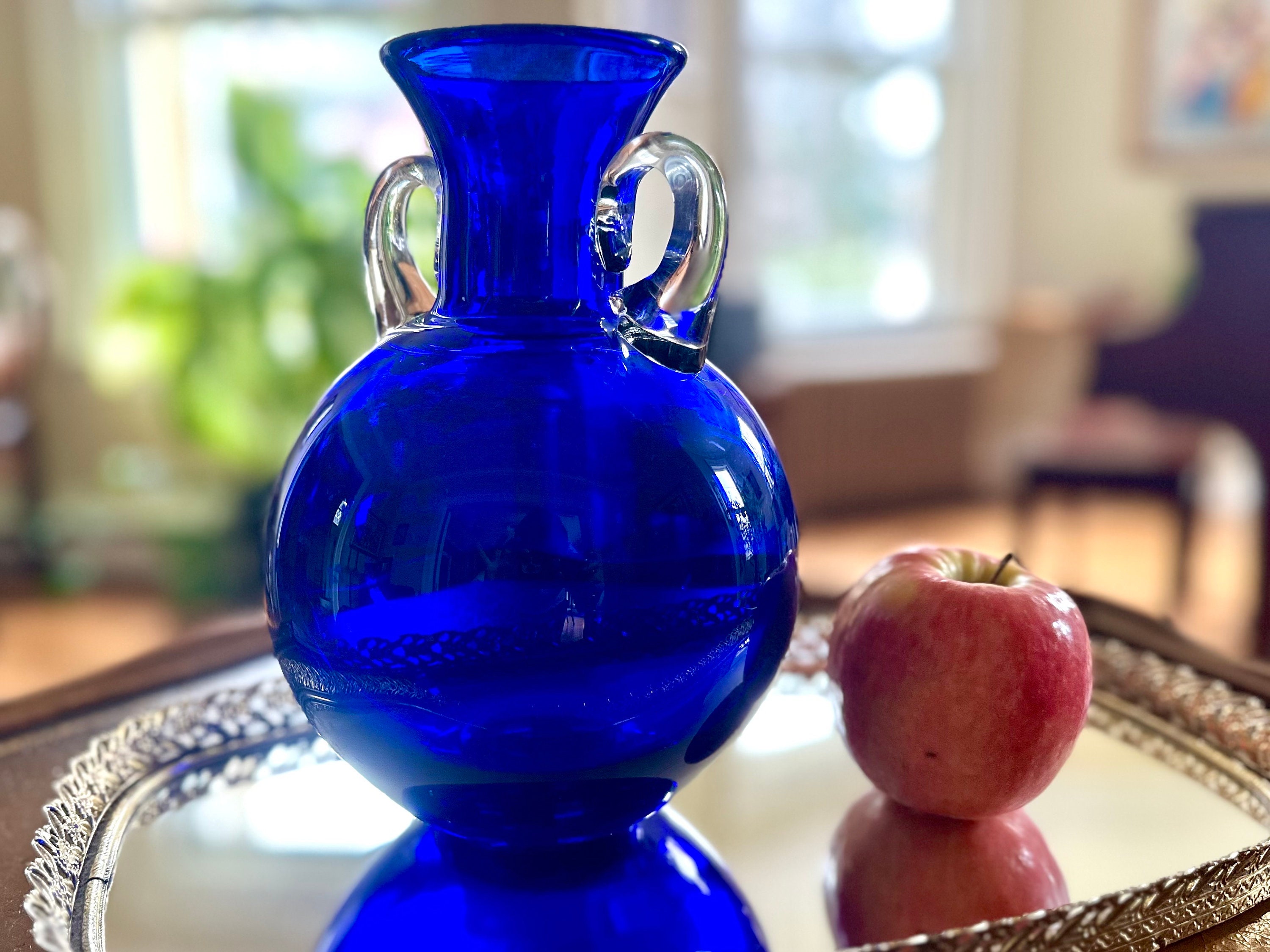 Vintage Blenko Vase Urn Cobalt Blue Glass Applied Clear Glass Handles ...