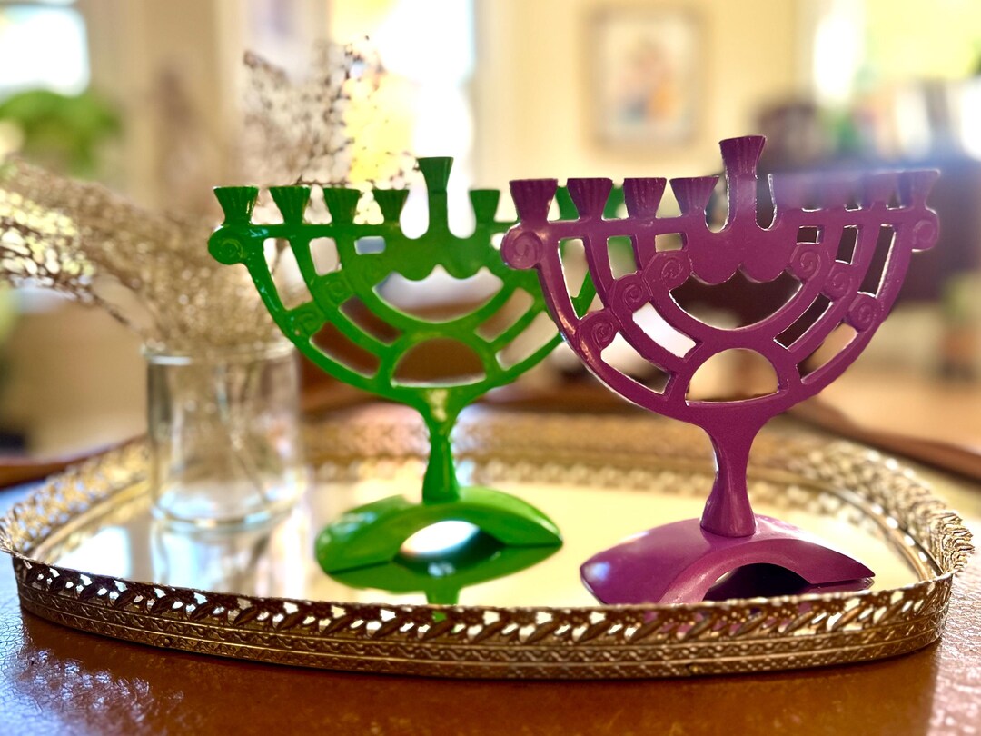 Vintage Footed Hanukkah Menorah: Painted Metal Chanukiah, Green & Lilac ...