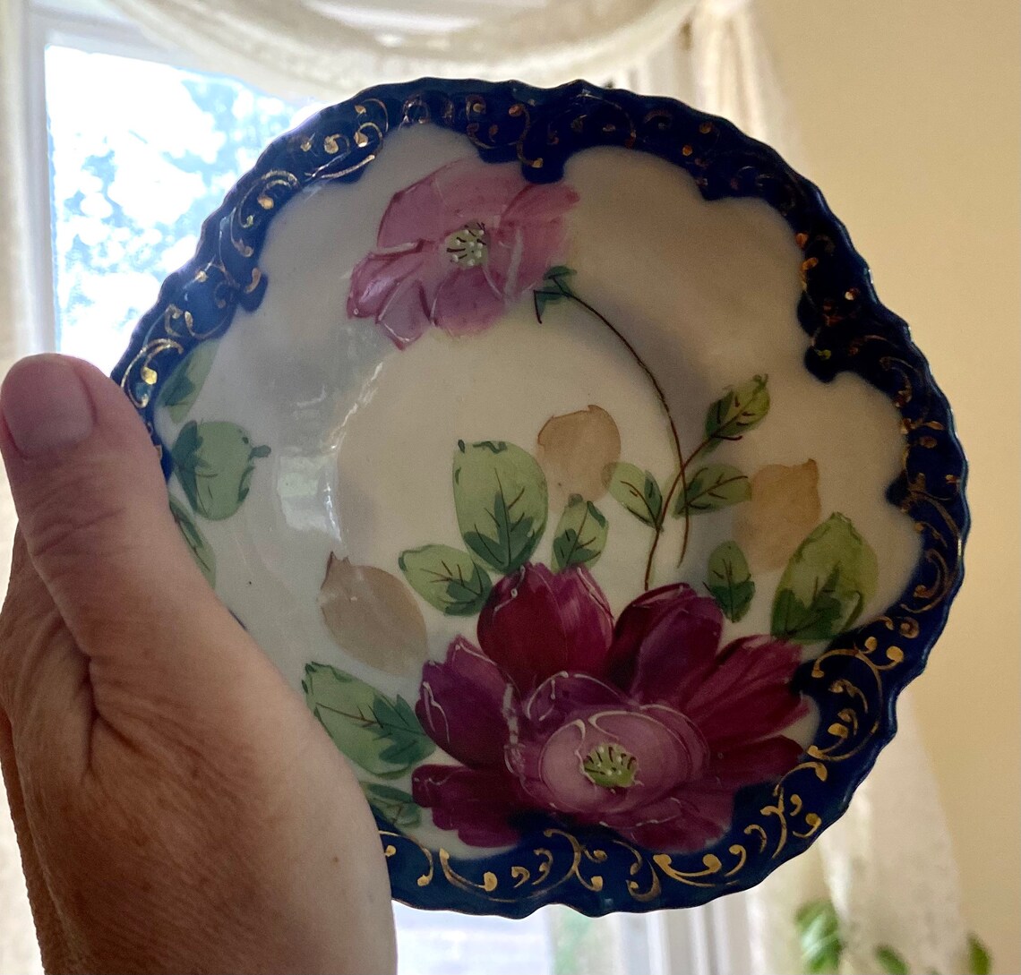 Antique Cobalt Blue Pink Roses Gold Accents Unmarked Royal - Etsy
