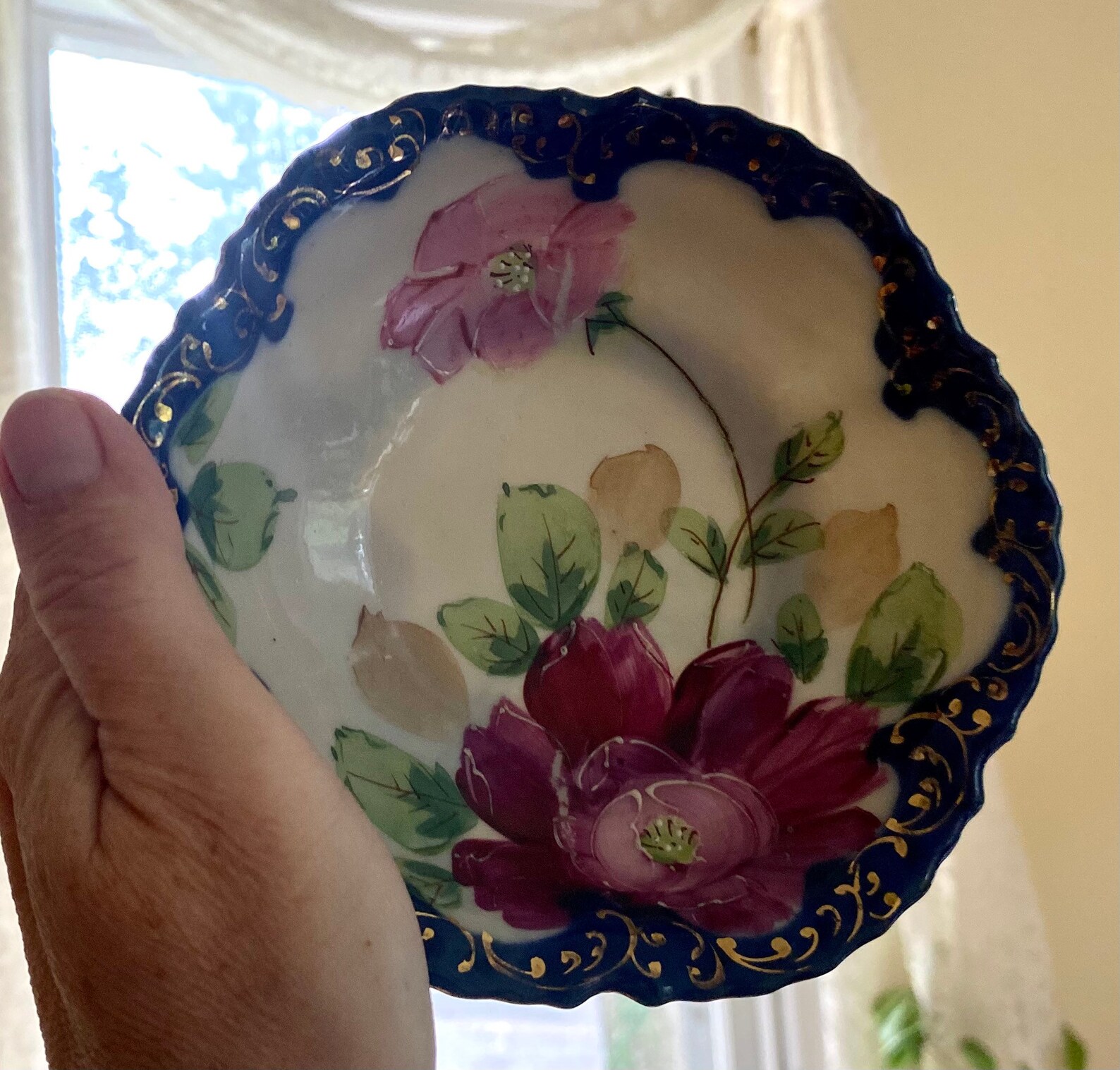 Antique Cobalt Blue Pink Roses Gold Accents Unmarked Royal Nippon Bowl ...
