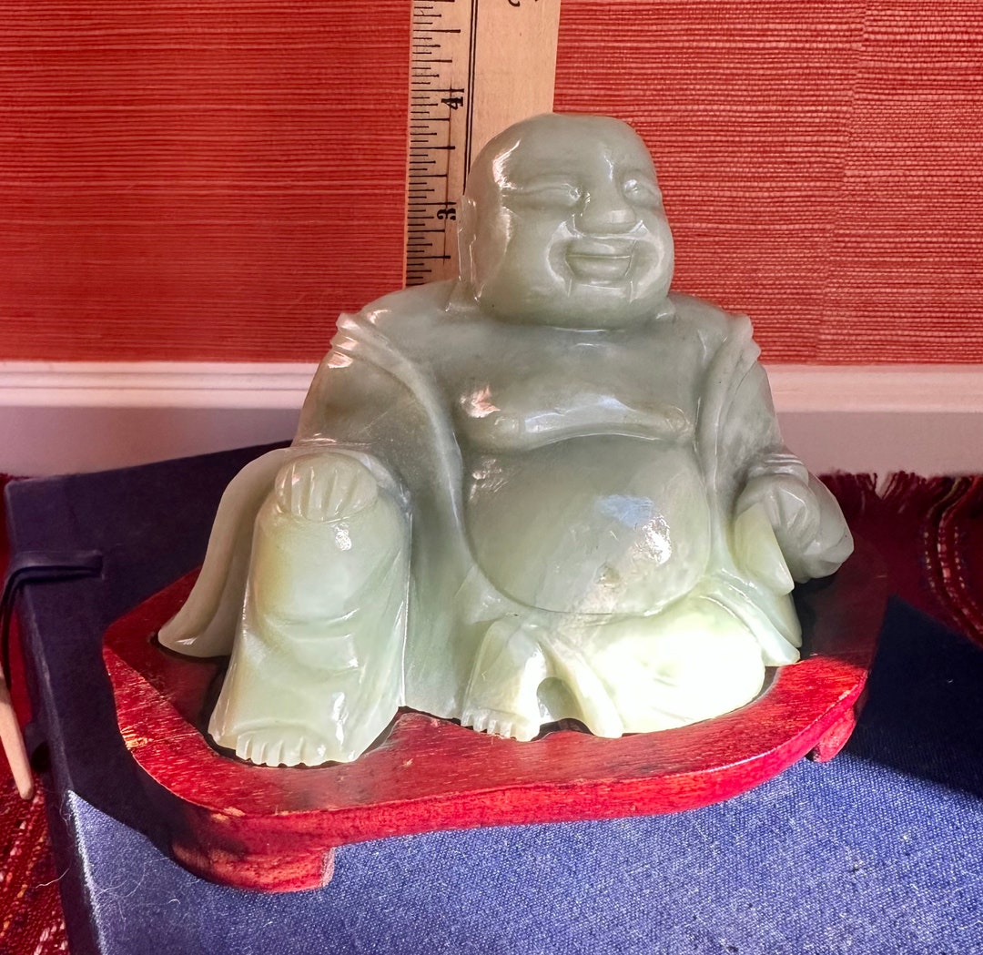 Vintage Laughing Buddha Genuine Natural Jade Figurine on Redwood Base ...
