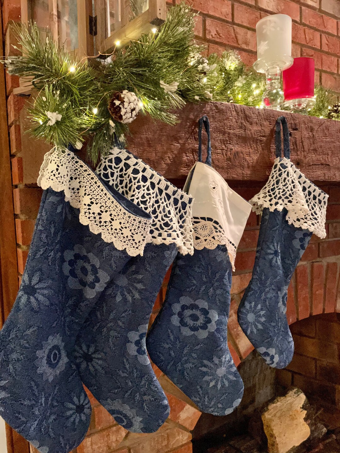 Navy Blue Jacquard Fabric Stockings With Vintage Lace Cuffs - Etsy