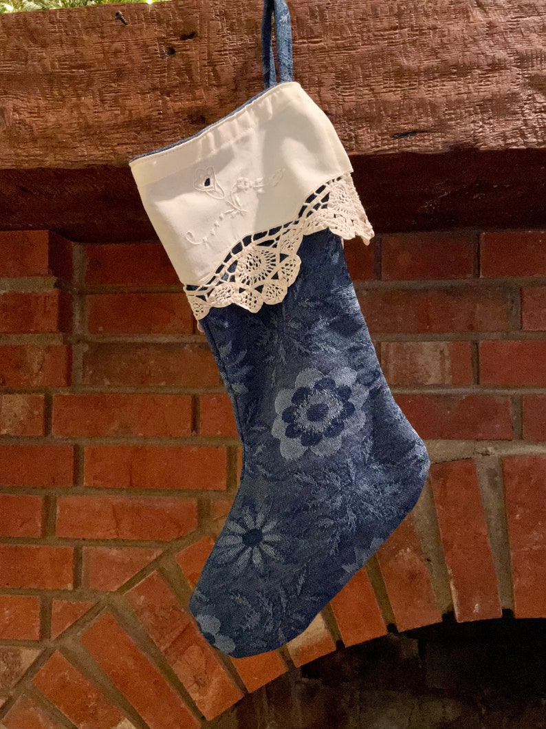 Navy Blue Jacquard Fabric Stockings With Vintage Lace Cuffs - Etsy