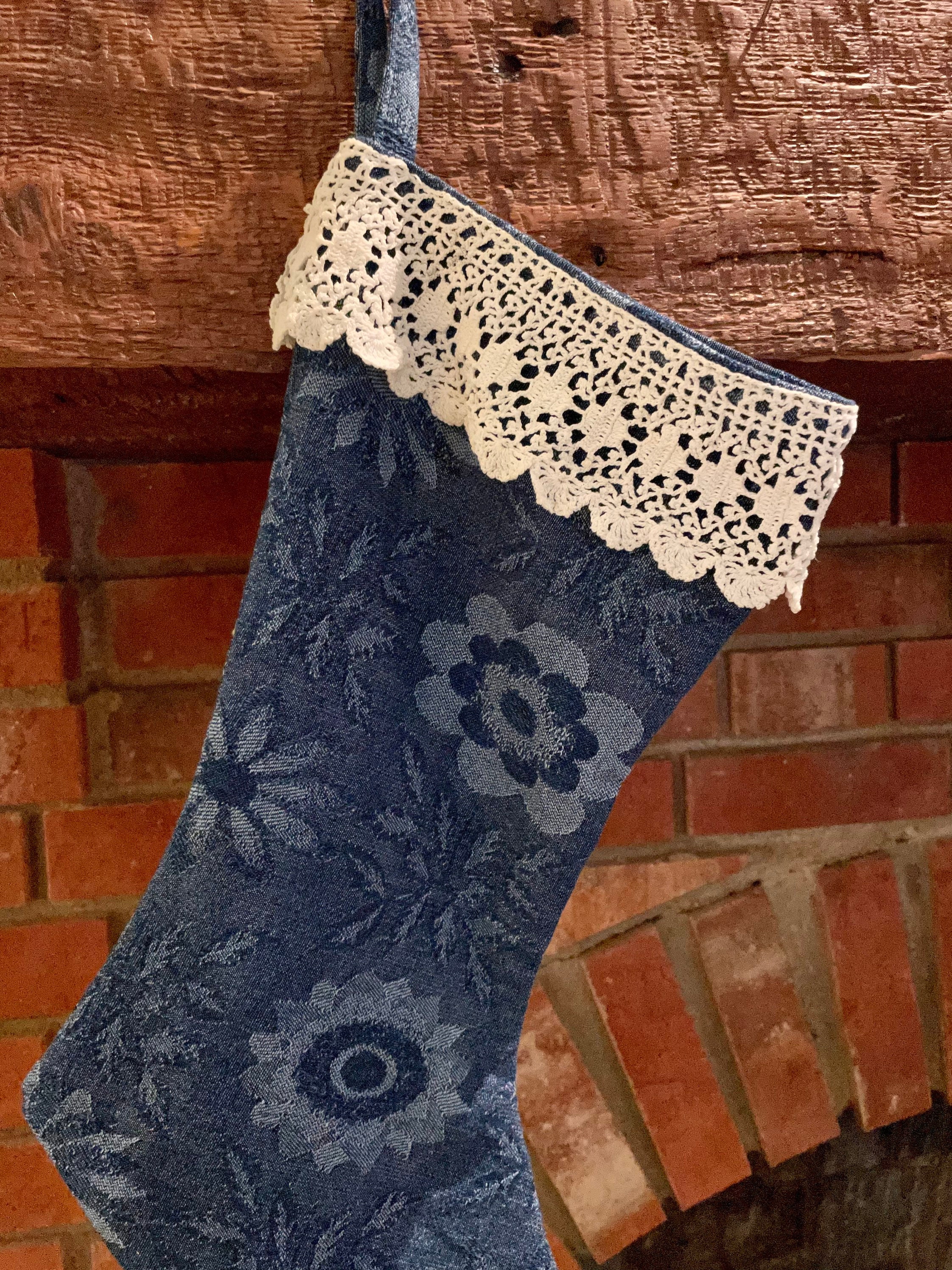 Navy Blue Jacquard Fabric Stockings With Vintage Lace Cuffs - Etsy