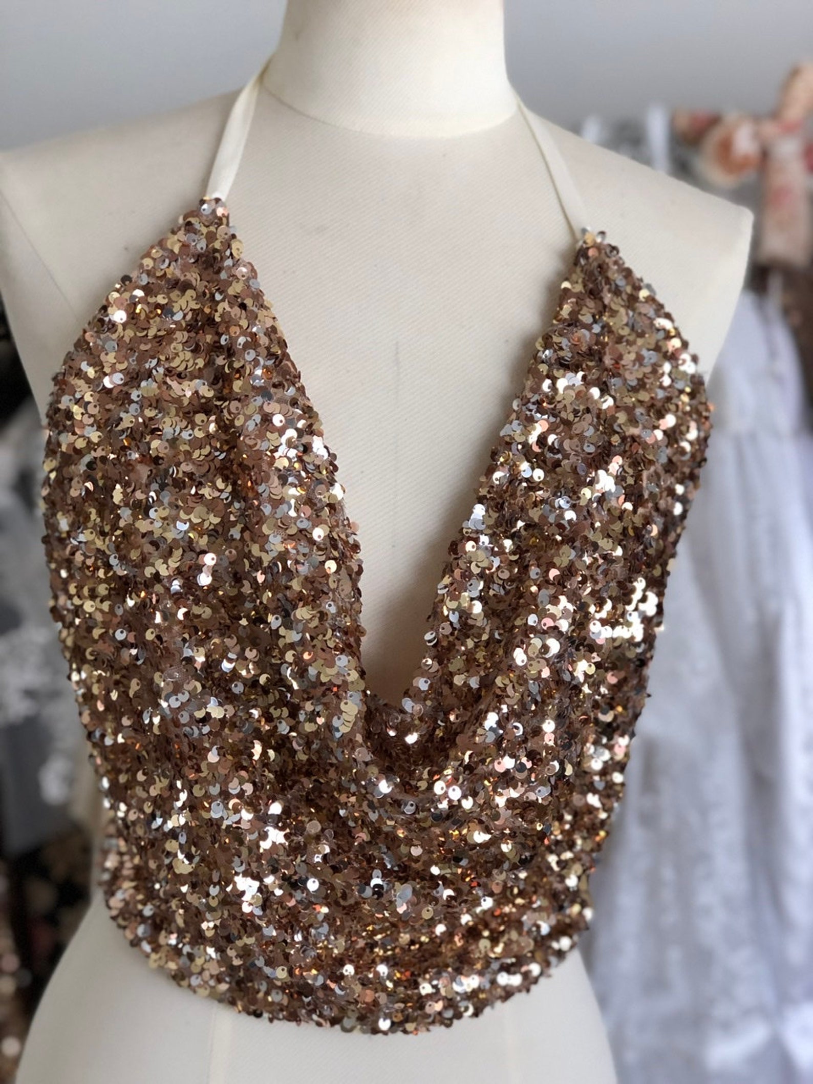 Gold Sequin TOP Cowl Neck Halter Bow Straps Backless Bronze - Etsy
