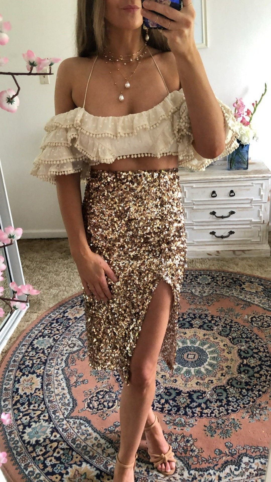 Sequins Skirt Midi Split Gold Bronze +viewmyshopfor Silver Flared Pants ...