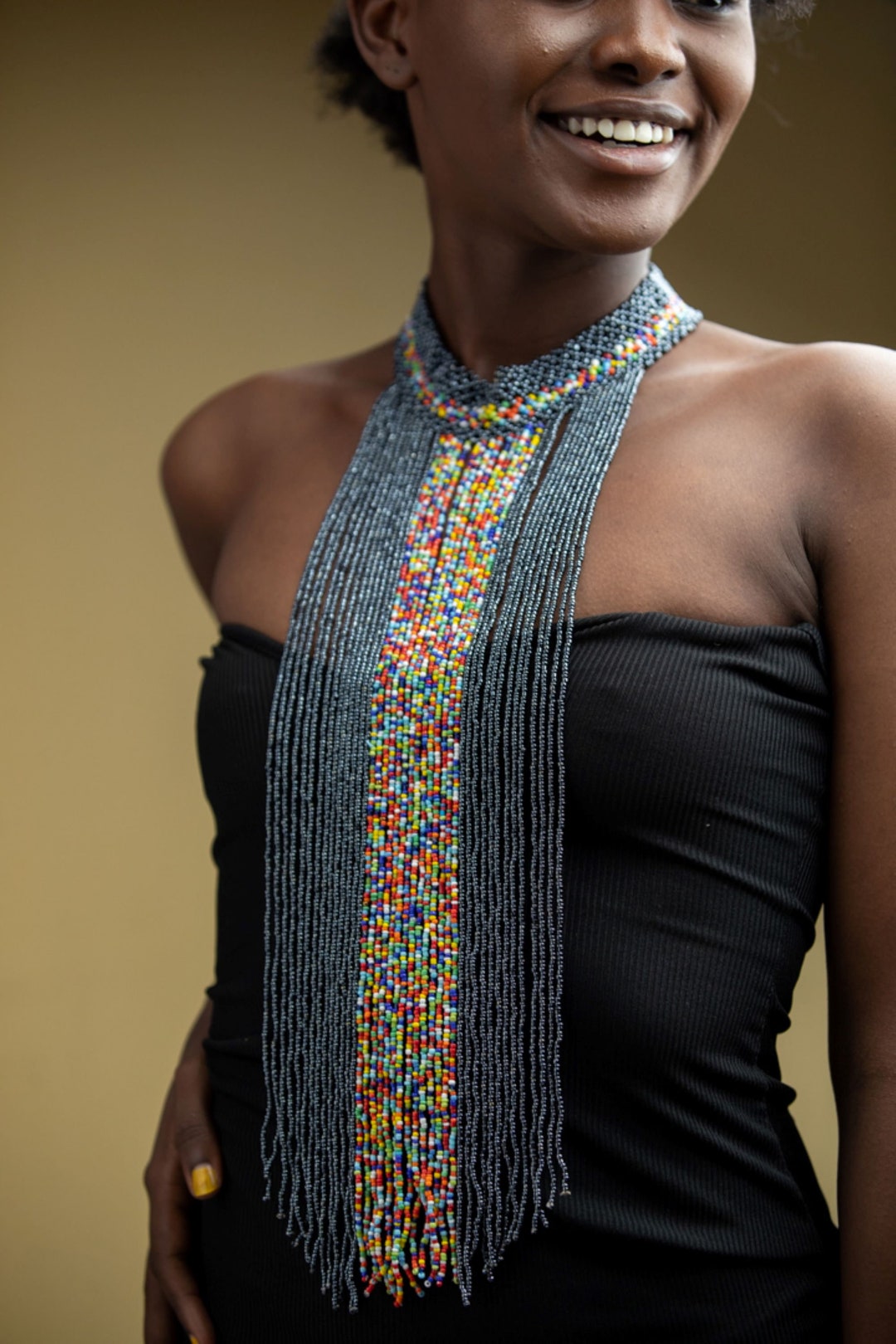 African Necklace|handmade Beaded Necklace|tribal |chunky|gray&multi ...