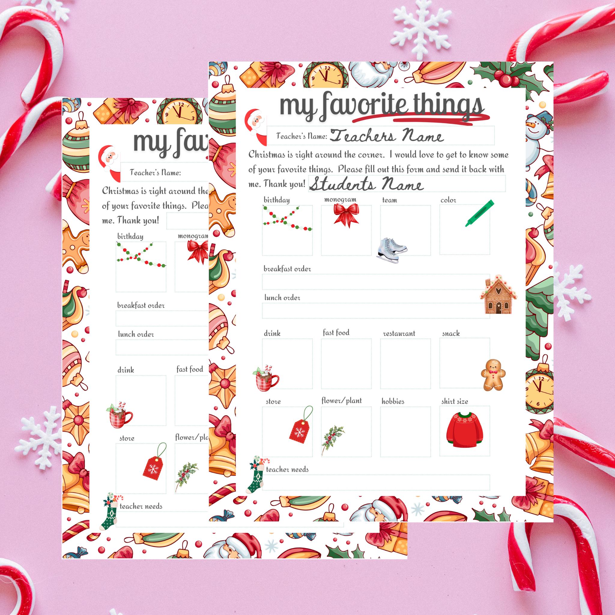 Teachers Favorite Things Printable, Christmas Teacher Gifts, Teachers ...