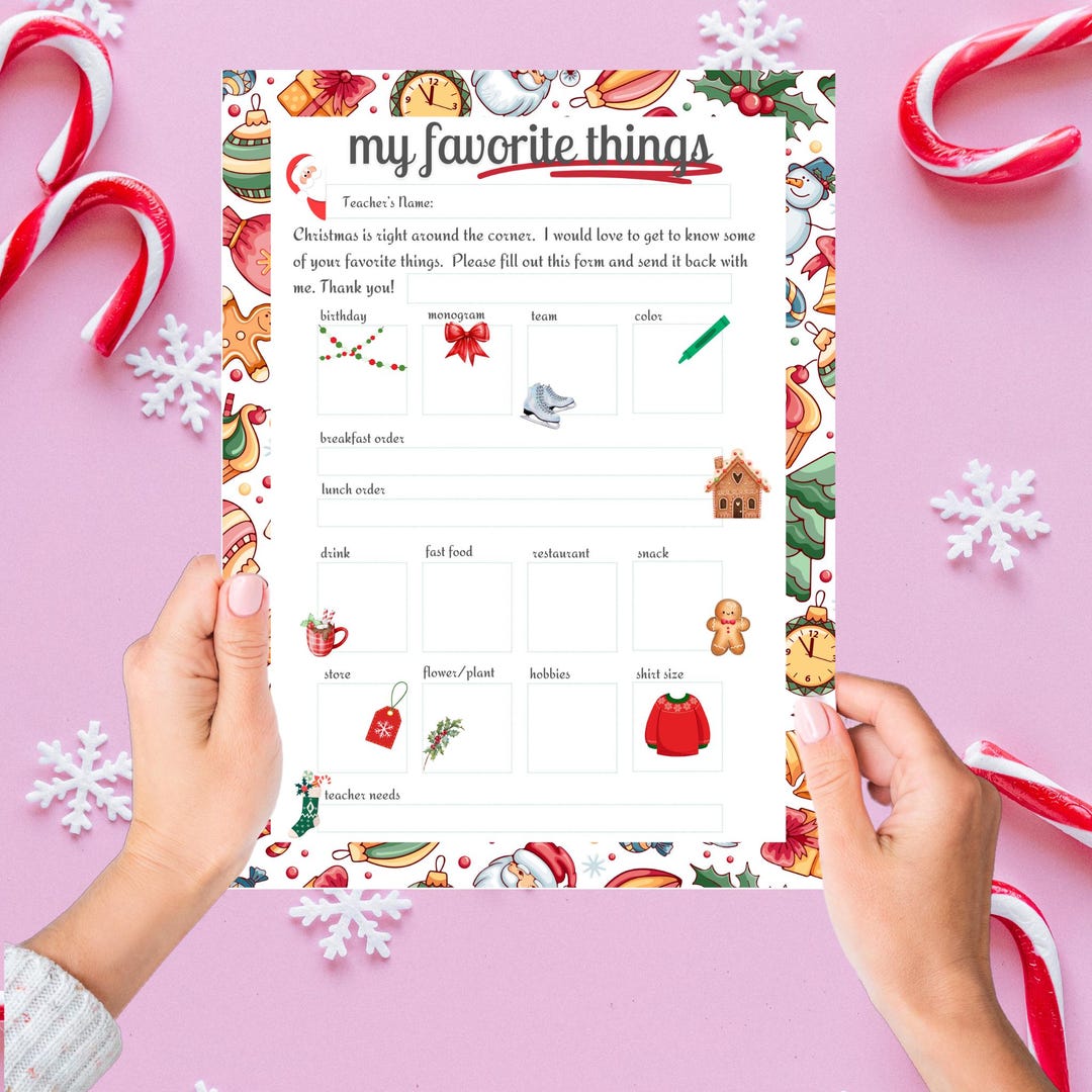 Teachers Favorite Things Printable, Christmas Teacher Gifts, Teachers ...